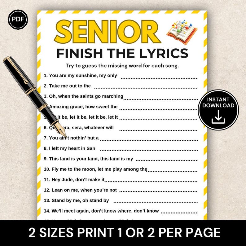 Senior Finish the Lyrics Game, Printable Music Trivia (PDF Download) - Etsy