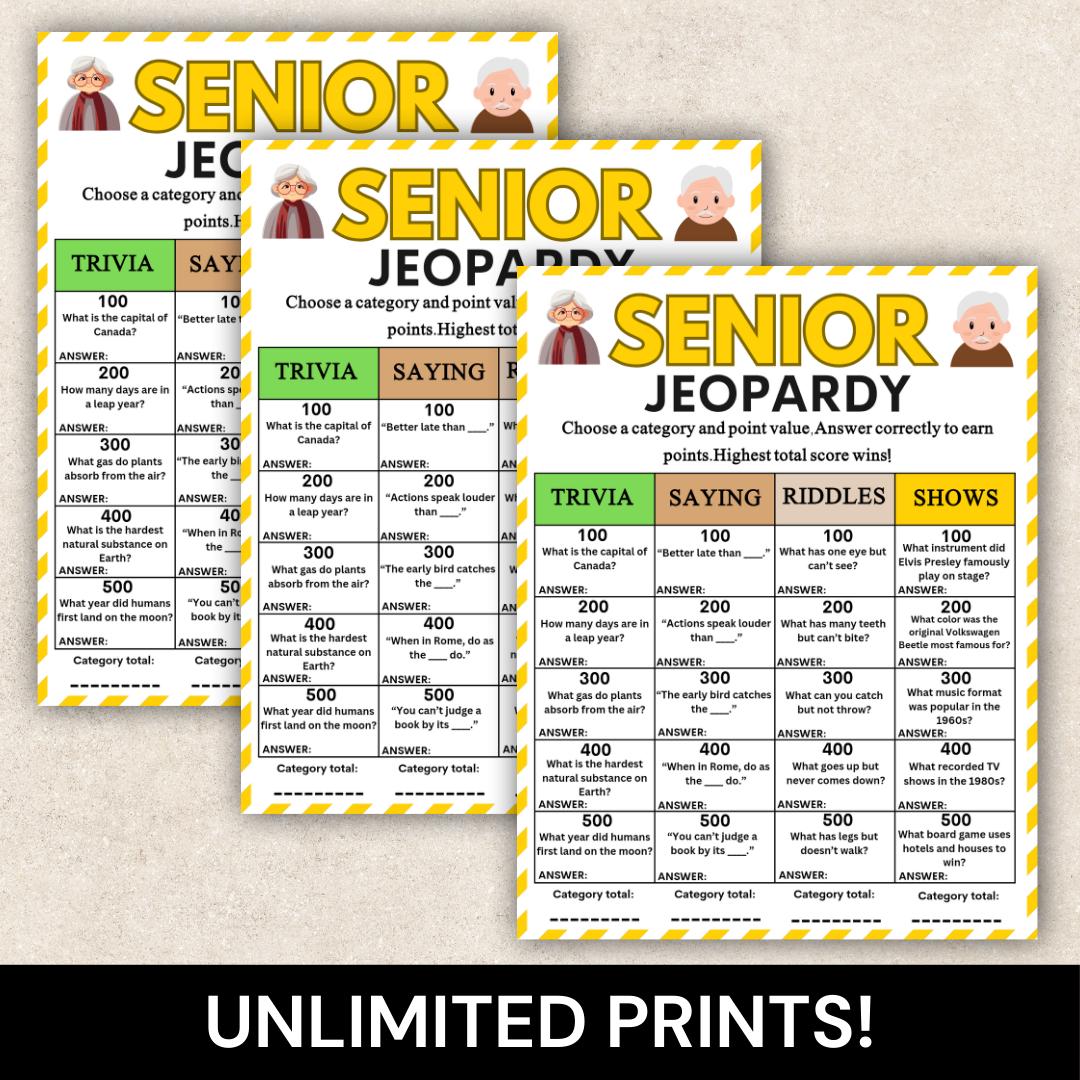 Senior Jeopardy Game Printable, Fun Trivia Game for Seniors Group ...