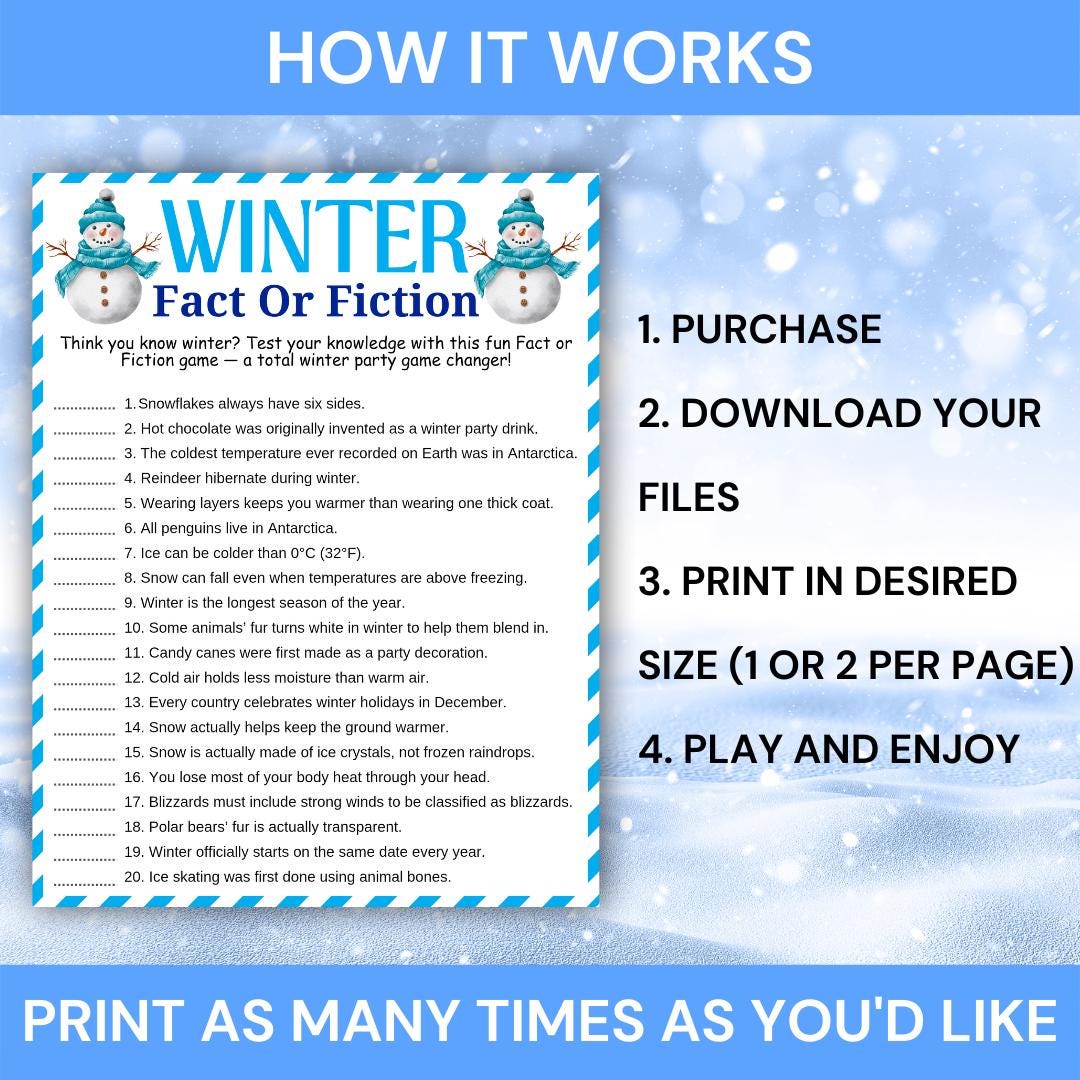 Winter Fact or Fiction Game, Winter Party Game, True or False Winter ...