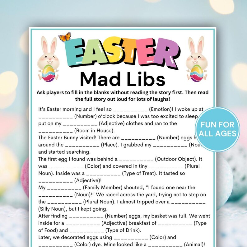 Easter Mad Libs Game, Funny Easter Story Fill in the Blank Activity for ...