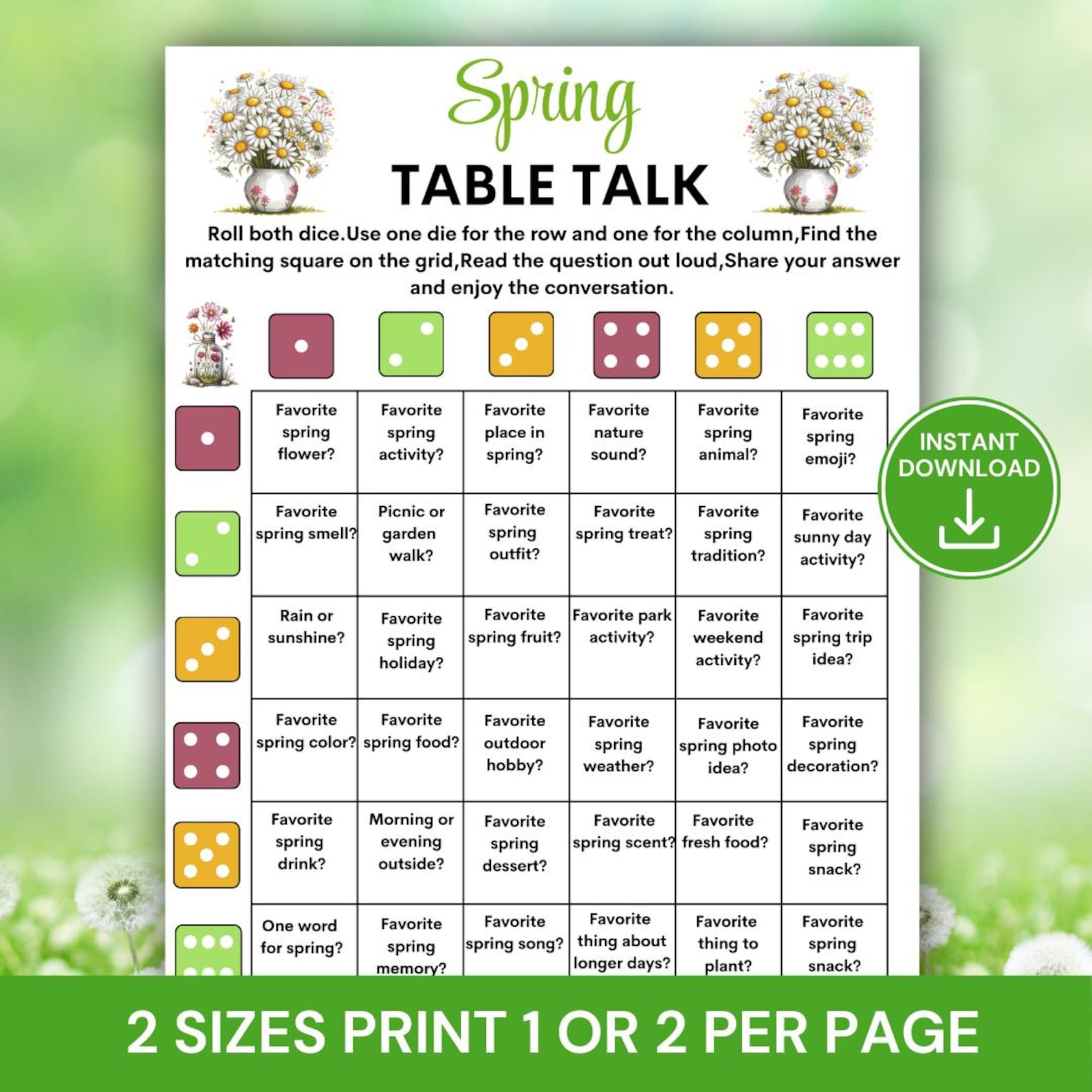 Spring Table Talk Dice Game, Spring Conversation Starter Game, Spring ...
