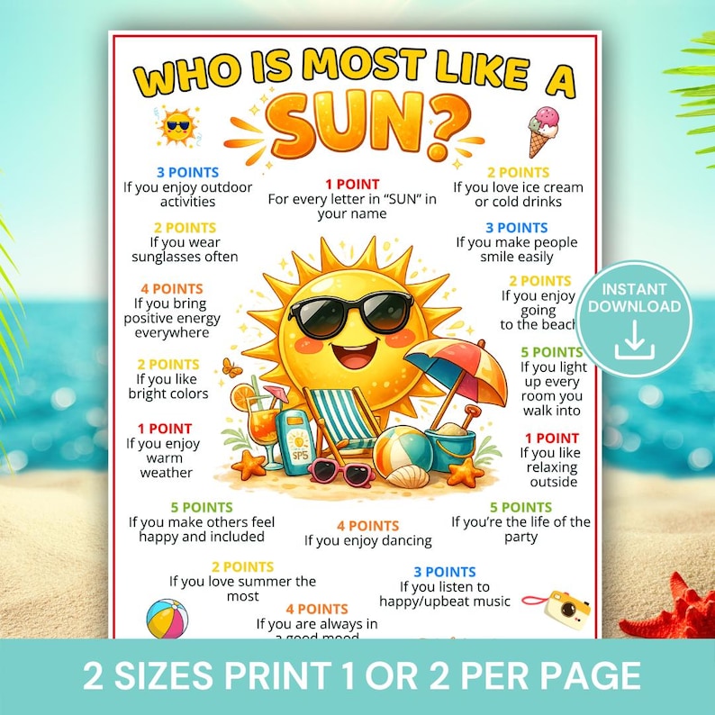 Who is Most Like a Sun Game Printable, Summer Party Game, Fun Summer ...
