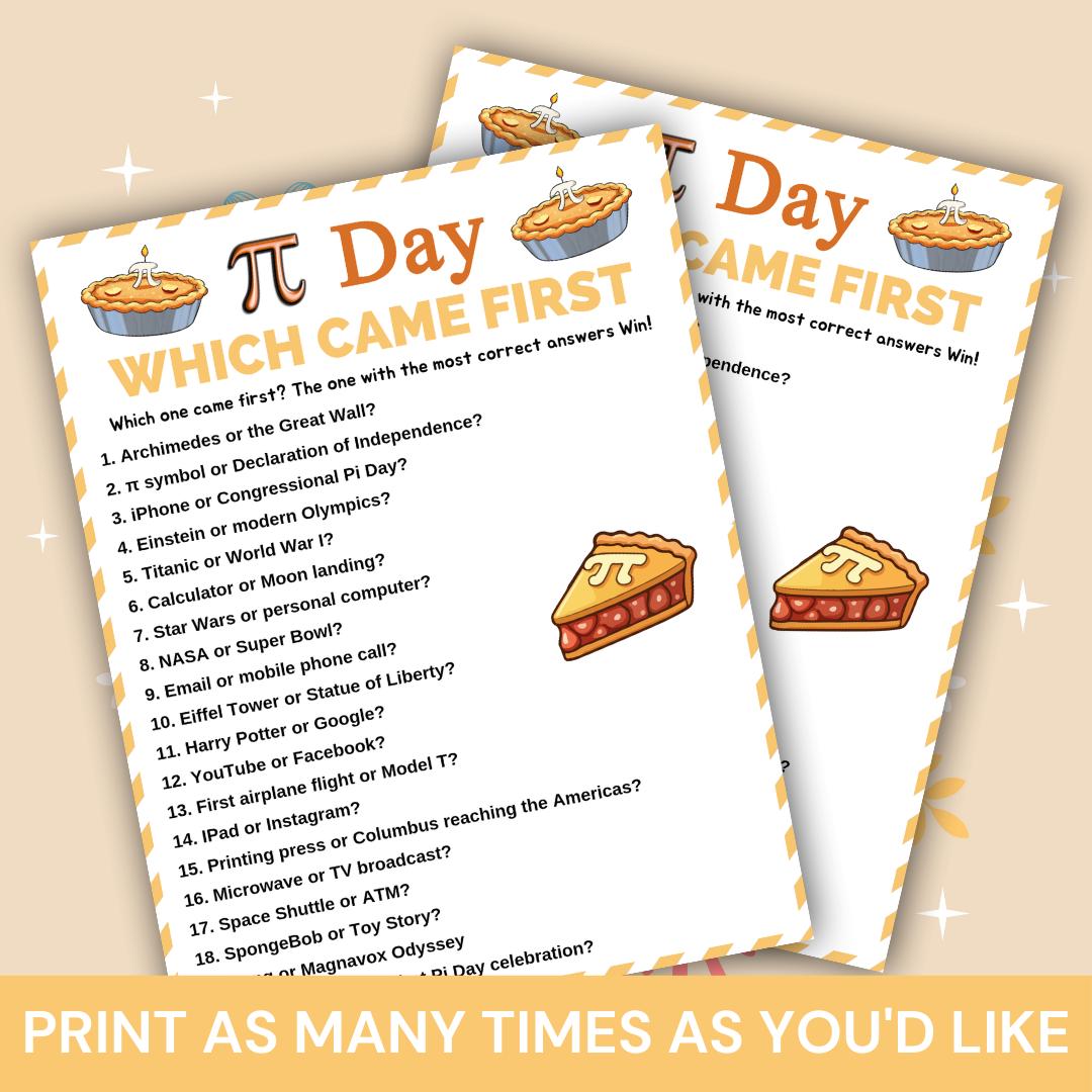 Pi Day Which Came First Game Printable, Math Pi Day Trivia Quiz, March ...