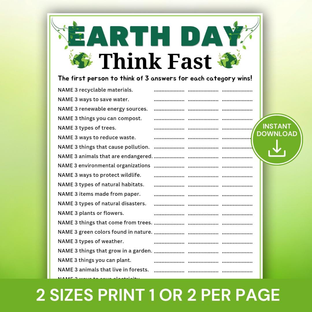 Earth Day Think Fast Game, Printable Earth Day Party Game for Kids ...