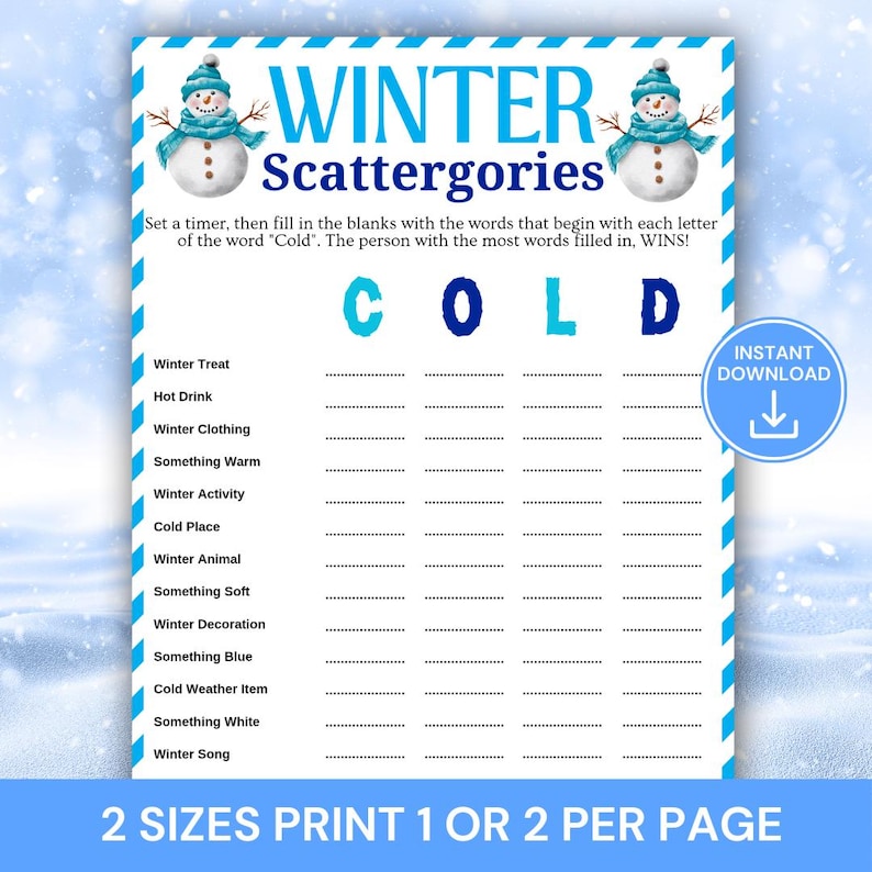 Winter Scattergories Game, Winter Party Game, Think Fast Word Game ...