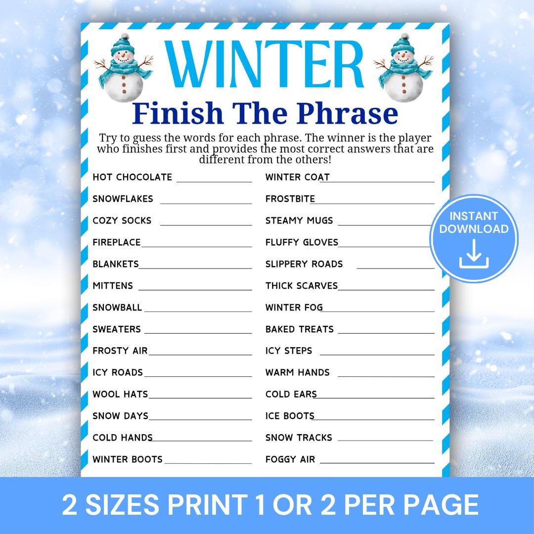 Winter Finish the Phrase Game, Winter Party Game, Fun Winter Word Game ...