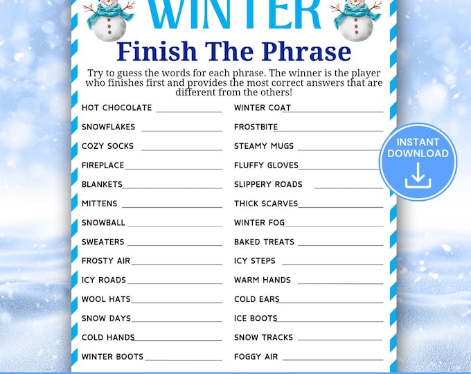 Winter Finish the Phrase Game, Winter Party Game, Fun Winter Word Game ...
