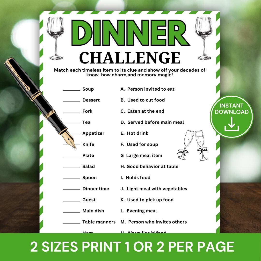 Dinner Challenge Game Printable, Fun Dinner Party Word Match Game ...