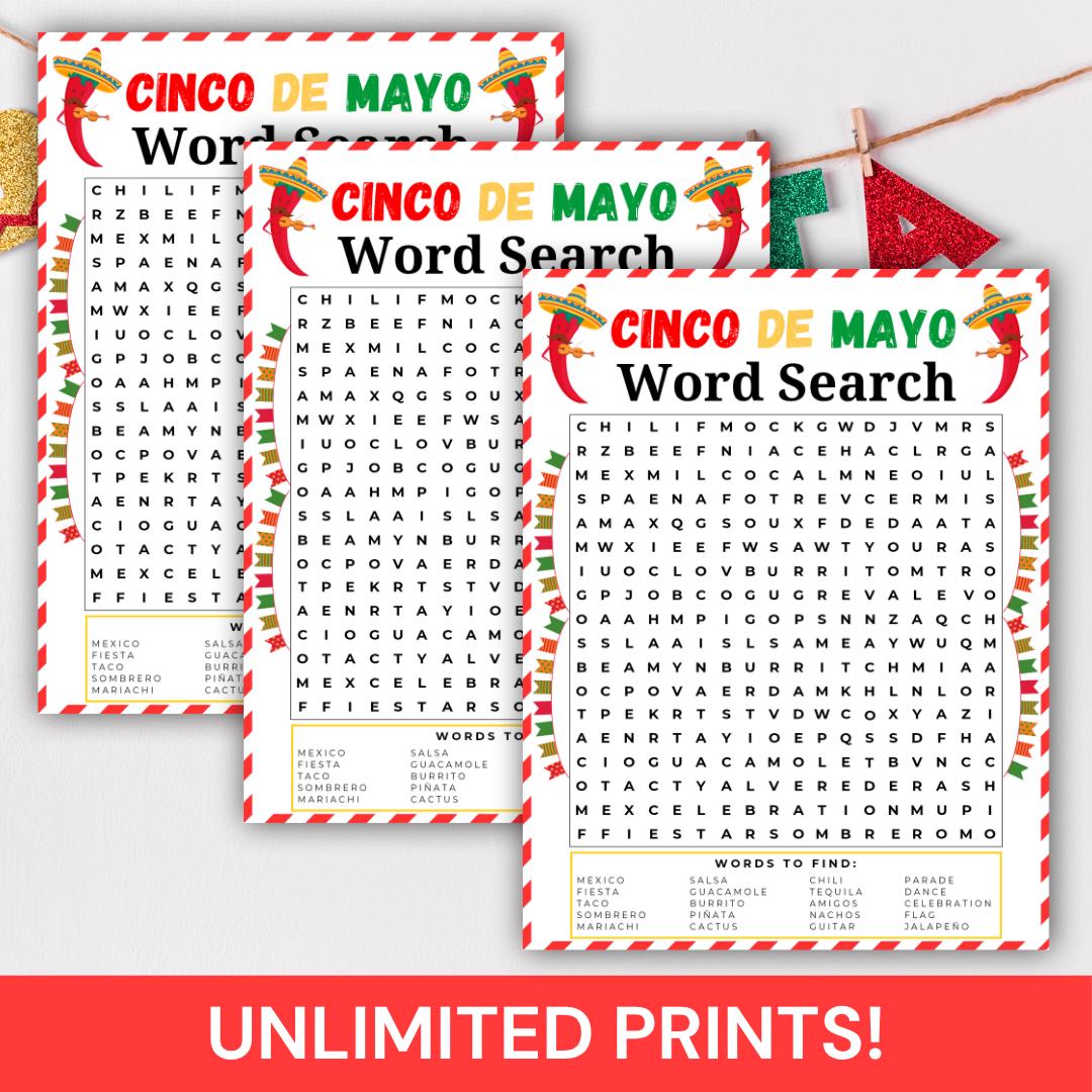 Cinco De Mayo Word Search Printable, Fiesta Party Game, Mexican Word ...