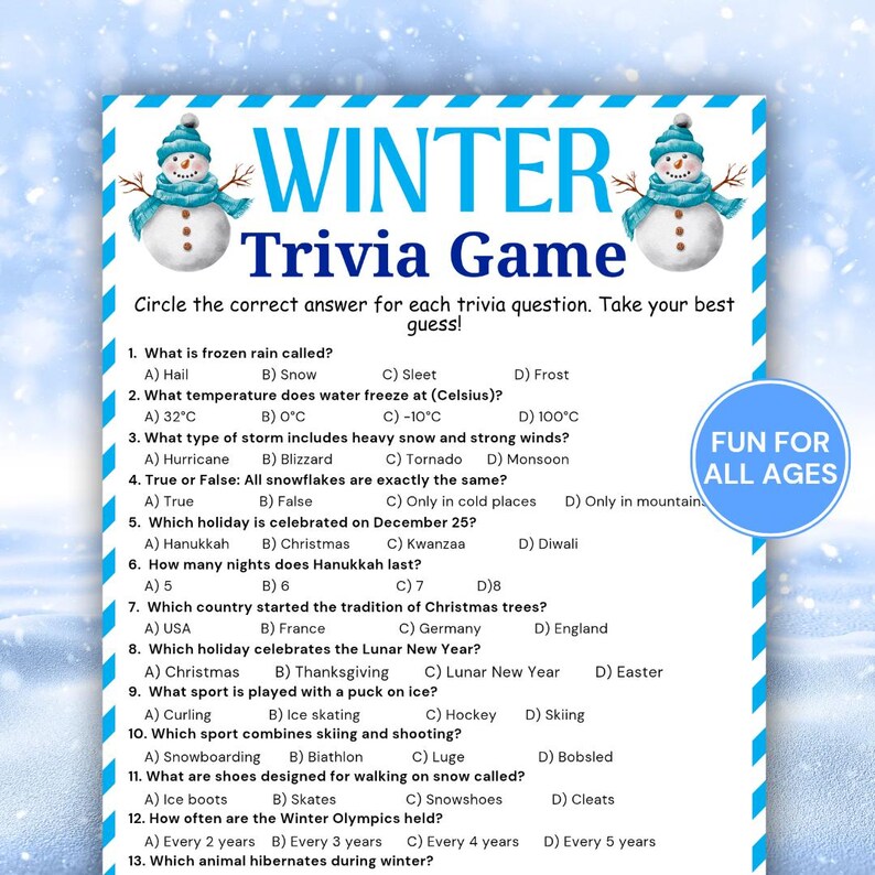 Winter Trivia Game, Winter Party Game, Cold Weather Trivia Quiz, Family ...