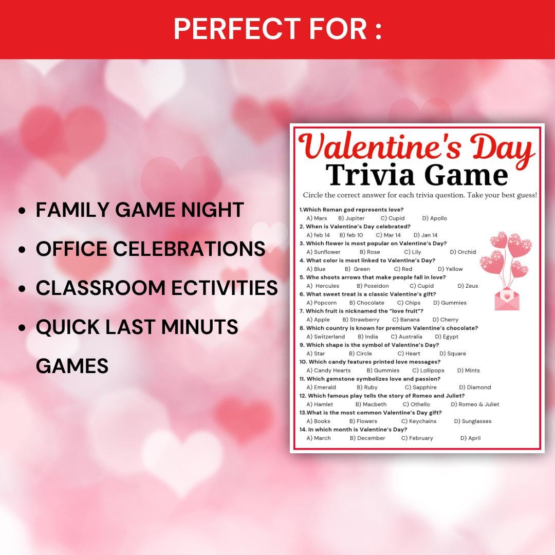 Valentine’s Day Trivia Game, Valentine Party Game, Love Trivia Quiz ...