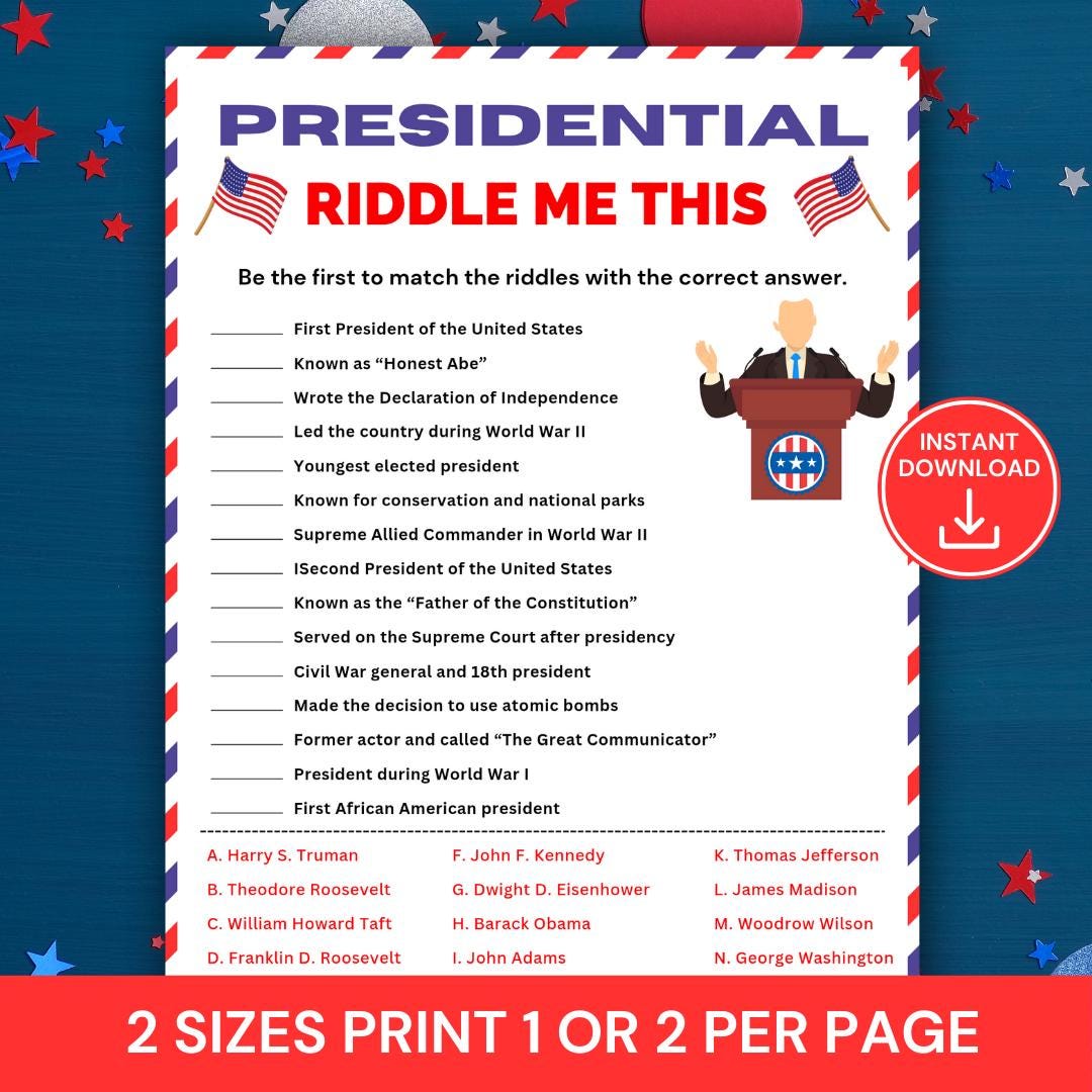 Presidential Riddle Me This Game, Printable Presidents Day Riddles, U.S ...