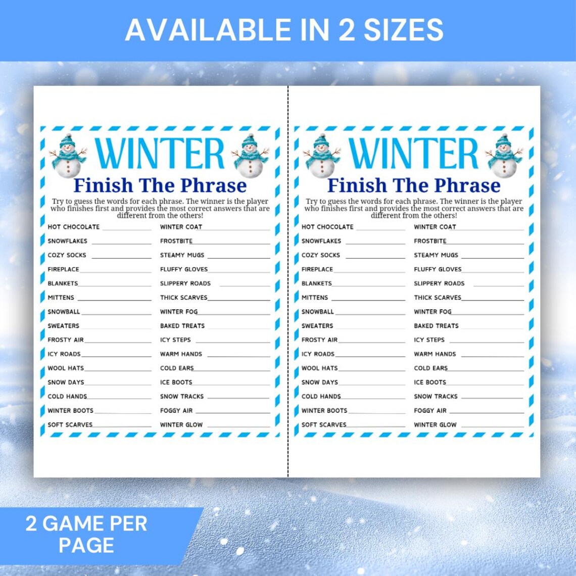 Winter Finish the Phrase Game, Winter Party Game, Fun Winter Word Game ...