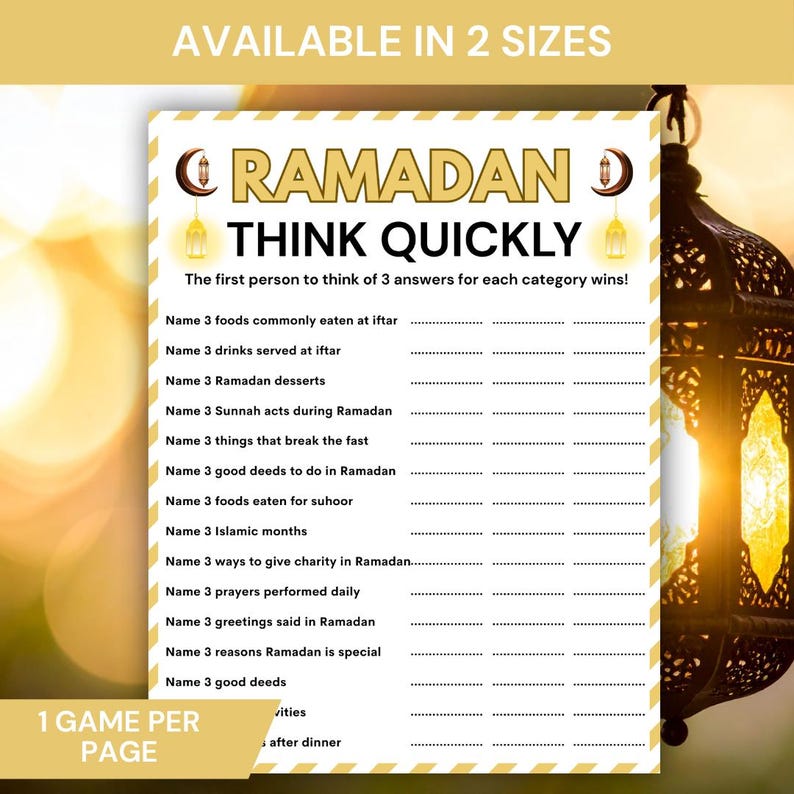 Ramadan Think Fast Game, Printable Islamic Party Game for Kids Adults ...