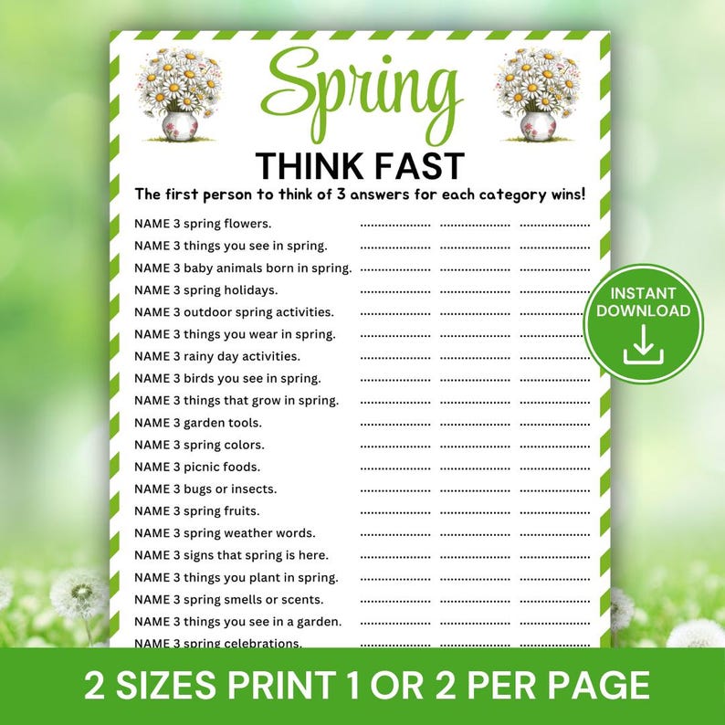 Spring Think Fast Game Printable, Spring Party Game, Fun Spring Trivia ...