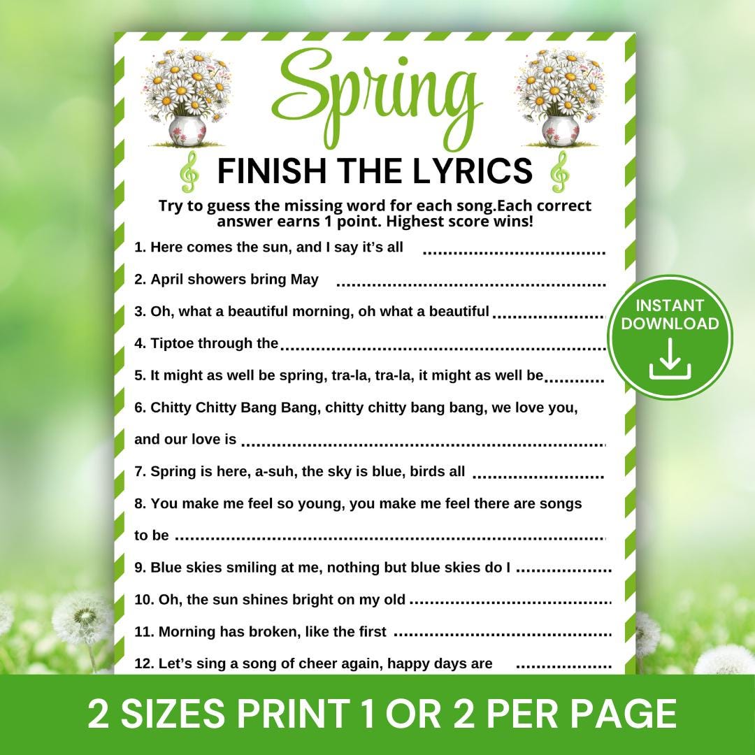 Spring Finish the Lyrics Game Printable, Spring Music Trivia Game for ...