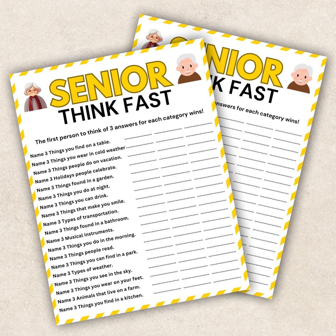 Senior Think Fast Game, Easy Word Game for Seniors, Quick Thinking ...