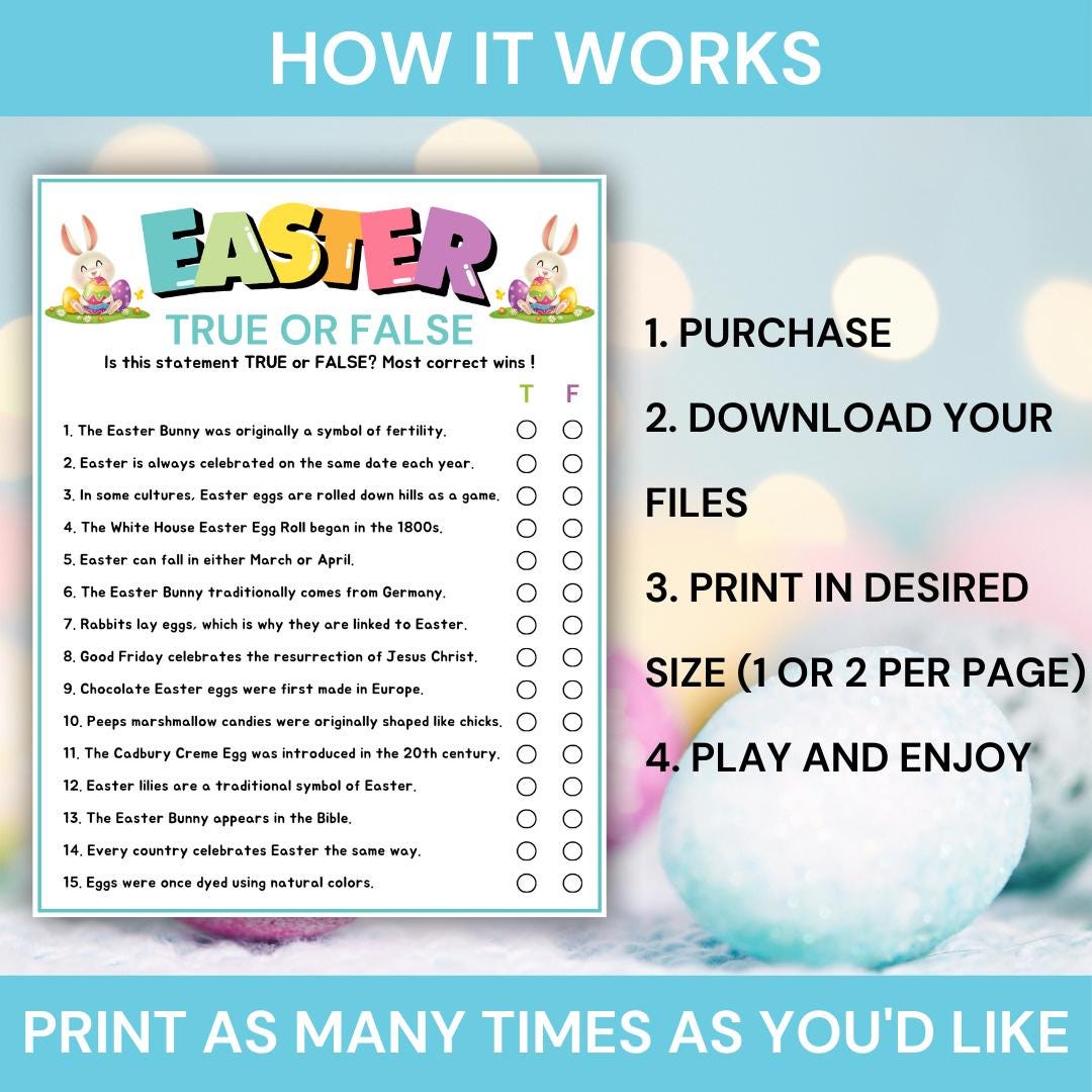 True or False Easter Game Printable, Easter Trivia Quiz, Easter Party ...