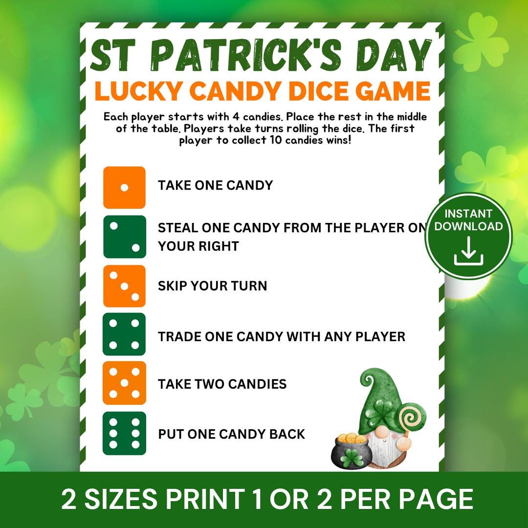 St. Patrick’s Day Candy Dice Game, Irish Party Game, Printable Candy ...