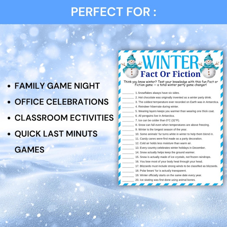 Winter Fact or Fiction Game, Winter Party Game, True or False Winter ...