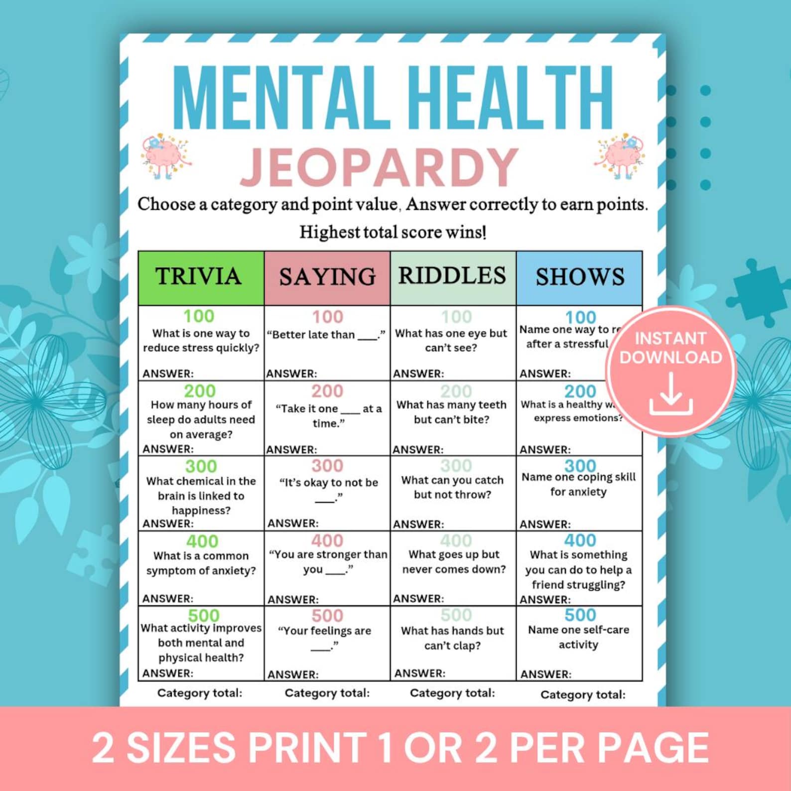 Mental Health Jeopardy Game Printable, Wellness Trivia Game, Therapy ...