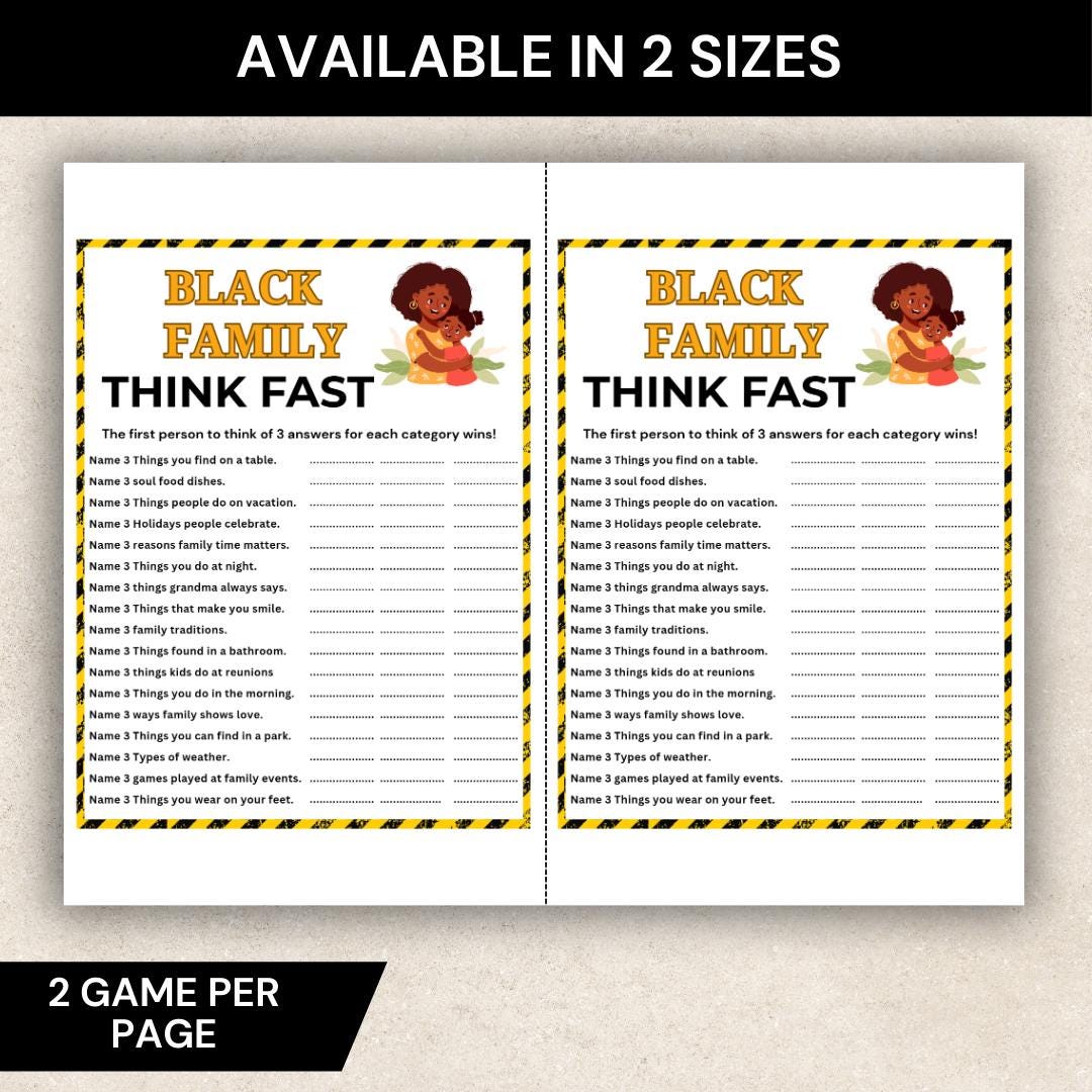 Black Family Think Fast Game, Printable Party Game, African American ...