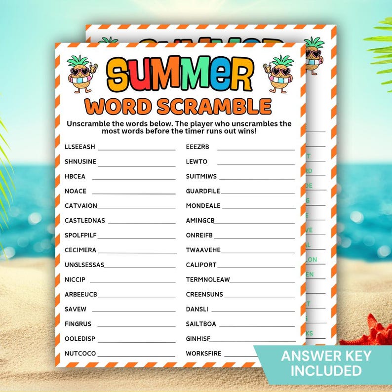 Summer Word Scramble Game, Printable Summer Party Game, Summer Word ...