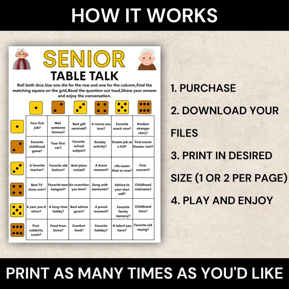 Senior Table Talk Dice Game, Printable Conversation Game for Seniors ...