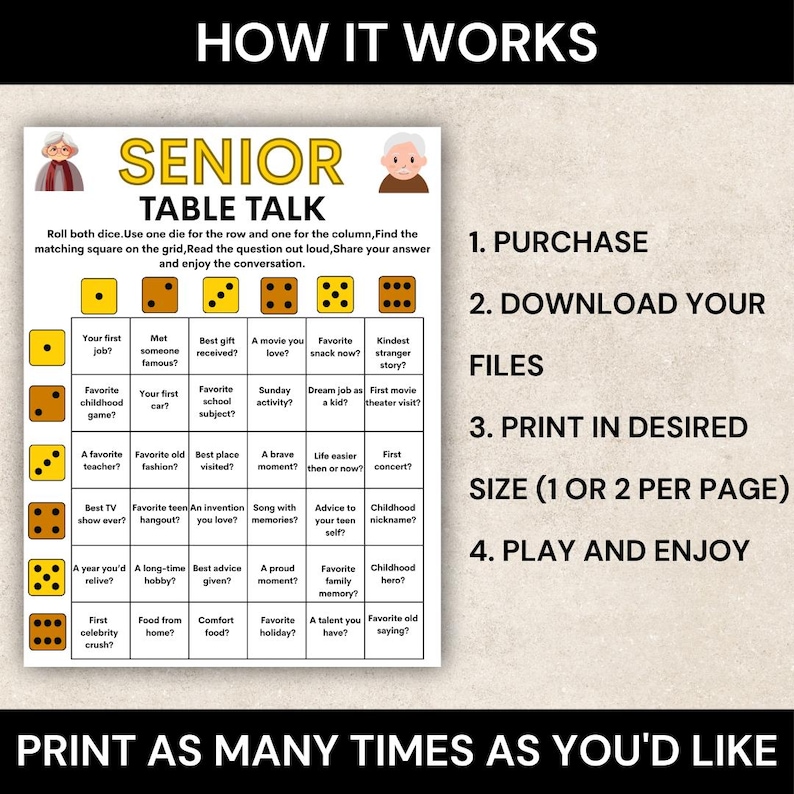 Senior Table Talk Dice Game, Printable Conversation Game for Seniors ...