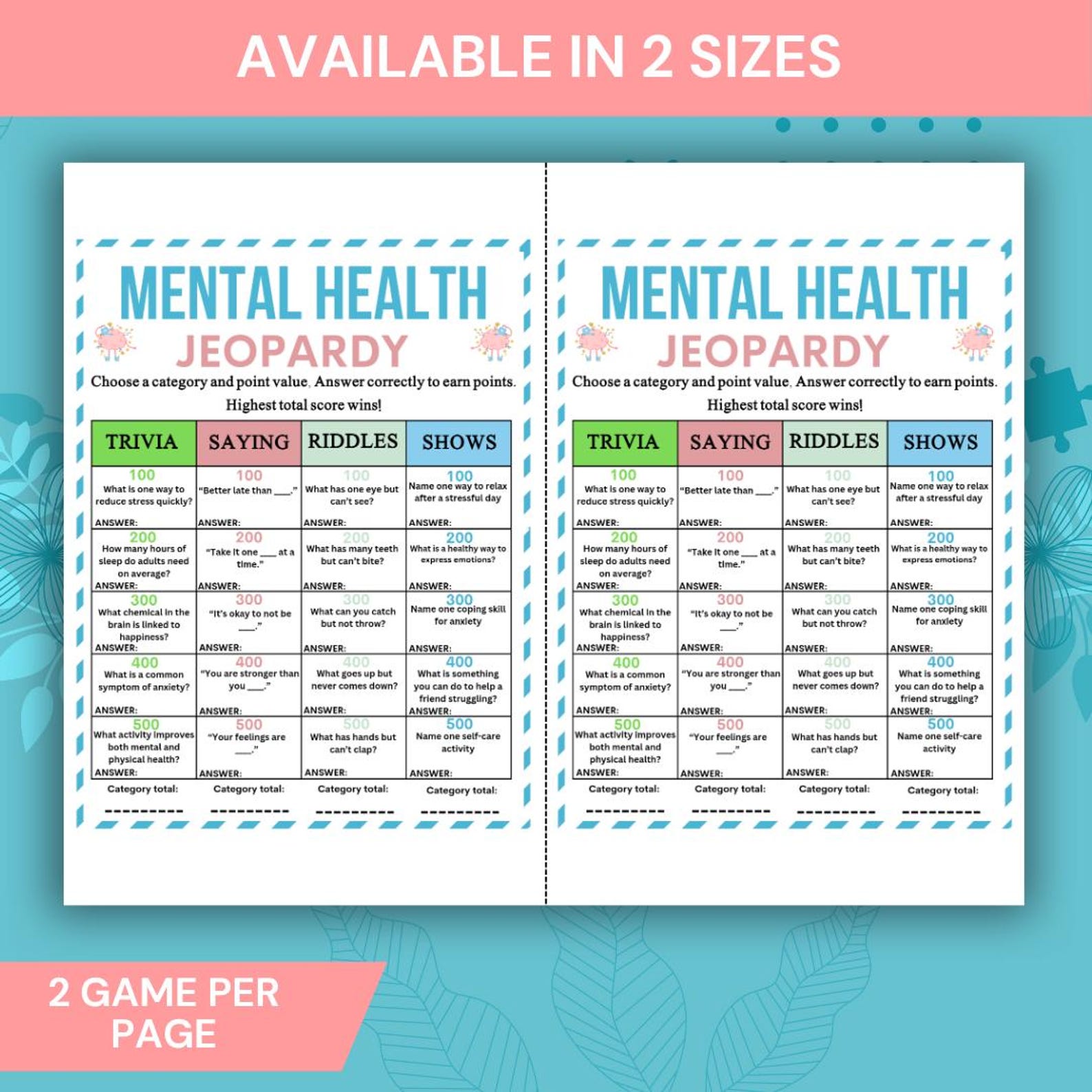 Mental Health Jeopardy Game Printable, Wellness Trivia Game, Therapy ...