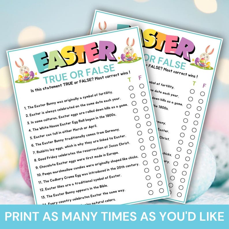 True or False Easter Game Printable, Easter Trivia Quiz, Easter Party ...