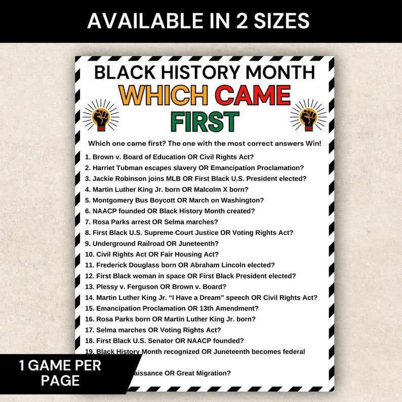 Black History Which Came First Printable Game, Black History Month ...
