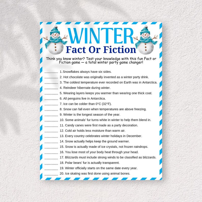 Winter Fact or Fiction Game, Winter Party Game, True or False Winter ...
