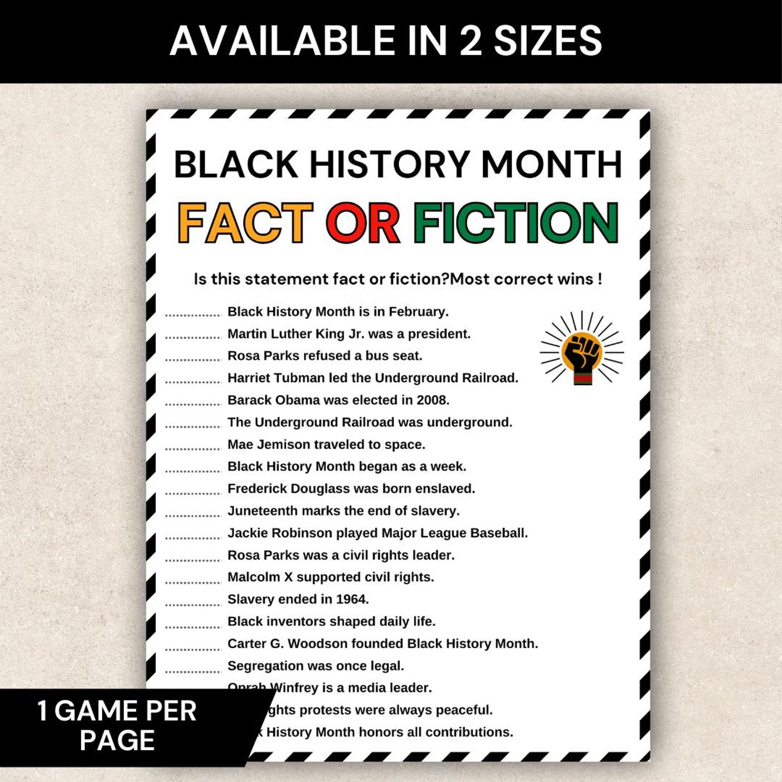 Black History Fact or Fiction Printable Game, Black History Month ...