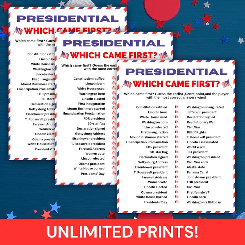 Presidential Which Came First Game, Printable Presidents Trivia Quiz, U ...