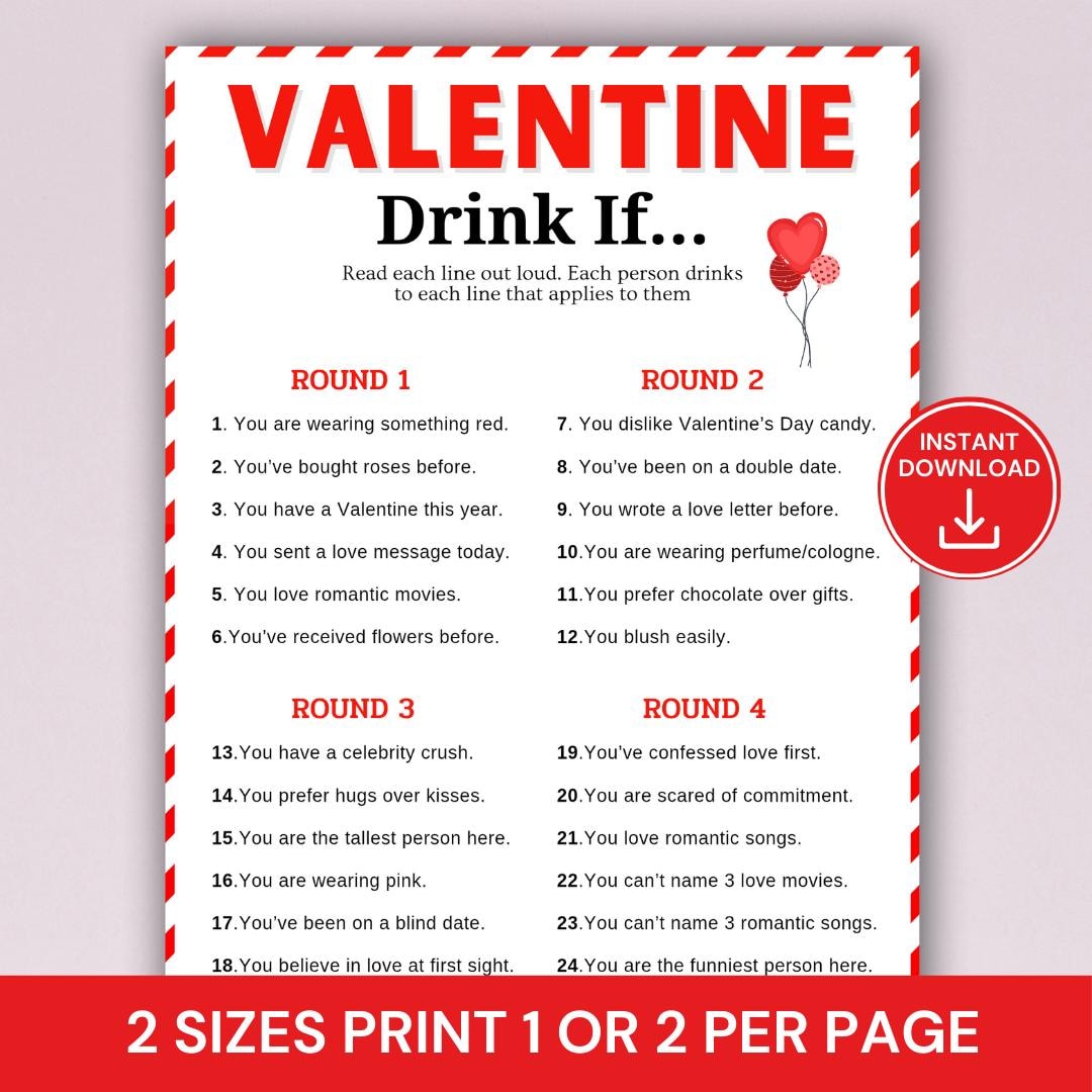Valentine’s Day Drink If Game, Printable Valentine Party Game, Couples ...