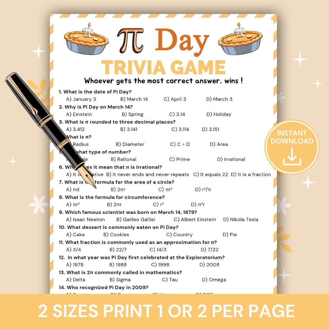 Pi Day Trivia Game Printable, Math Classroom Pi Day Quiz, March 14 ...