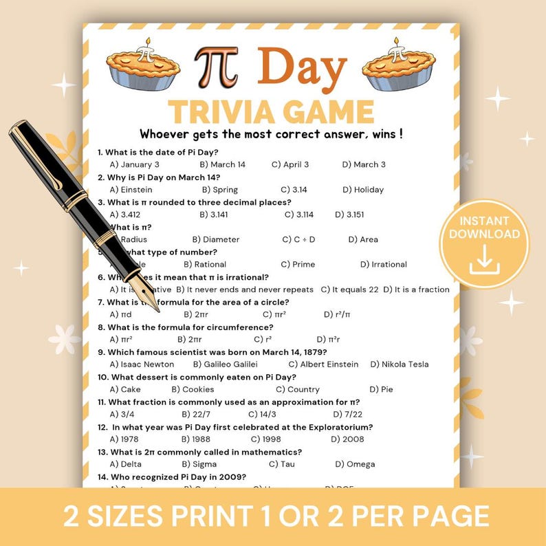 Pi Day Trivia Game Printable, Math Classroom Pi Day Quiz, March 14 ...