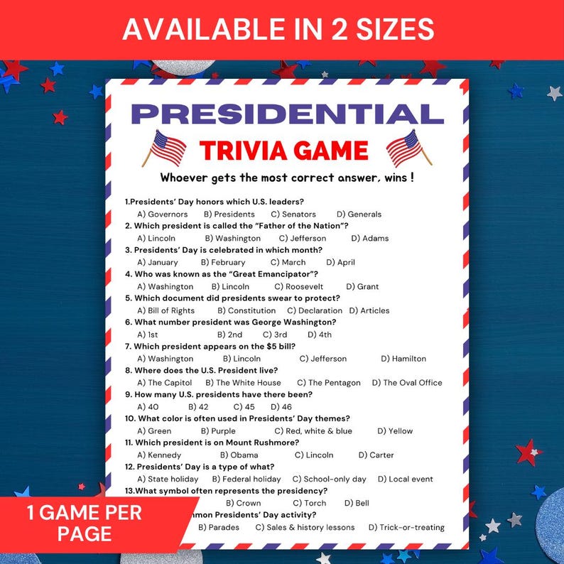 Presidents’ Day Trivia Game, Printable Presidential Trivia Quiz, U.S ...
