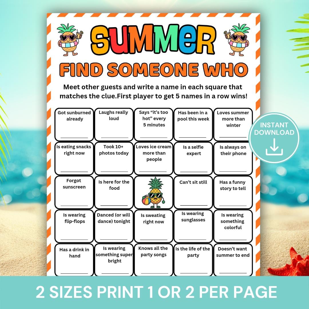 Summer Find Someone Who Game, Printable Summer Party Icebreaker, Summer ...