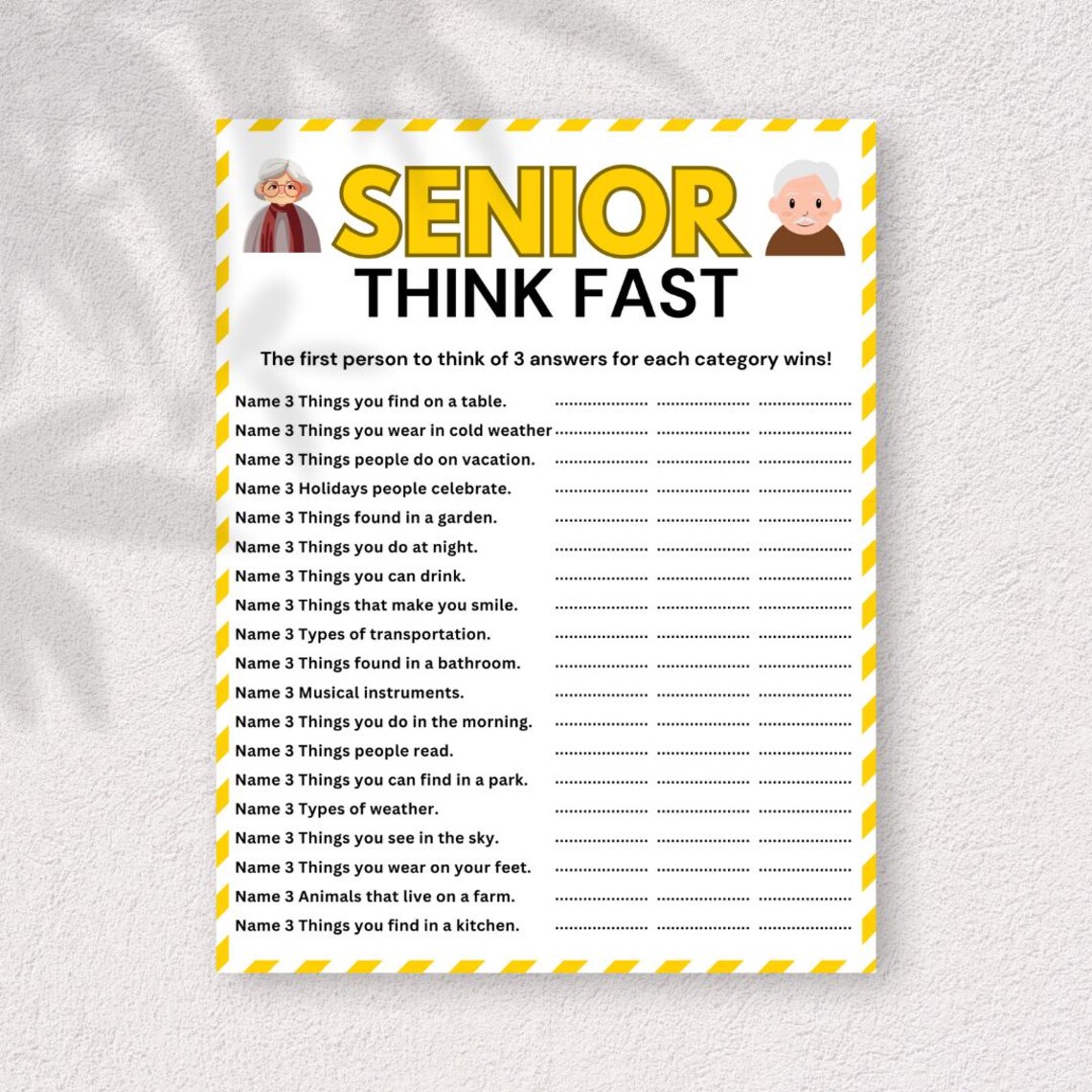 Senior Think Fast Game, Easy Word Game for Seniors, Quick Thinking ...