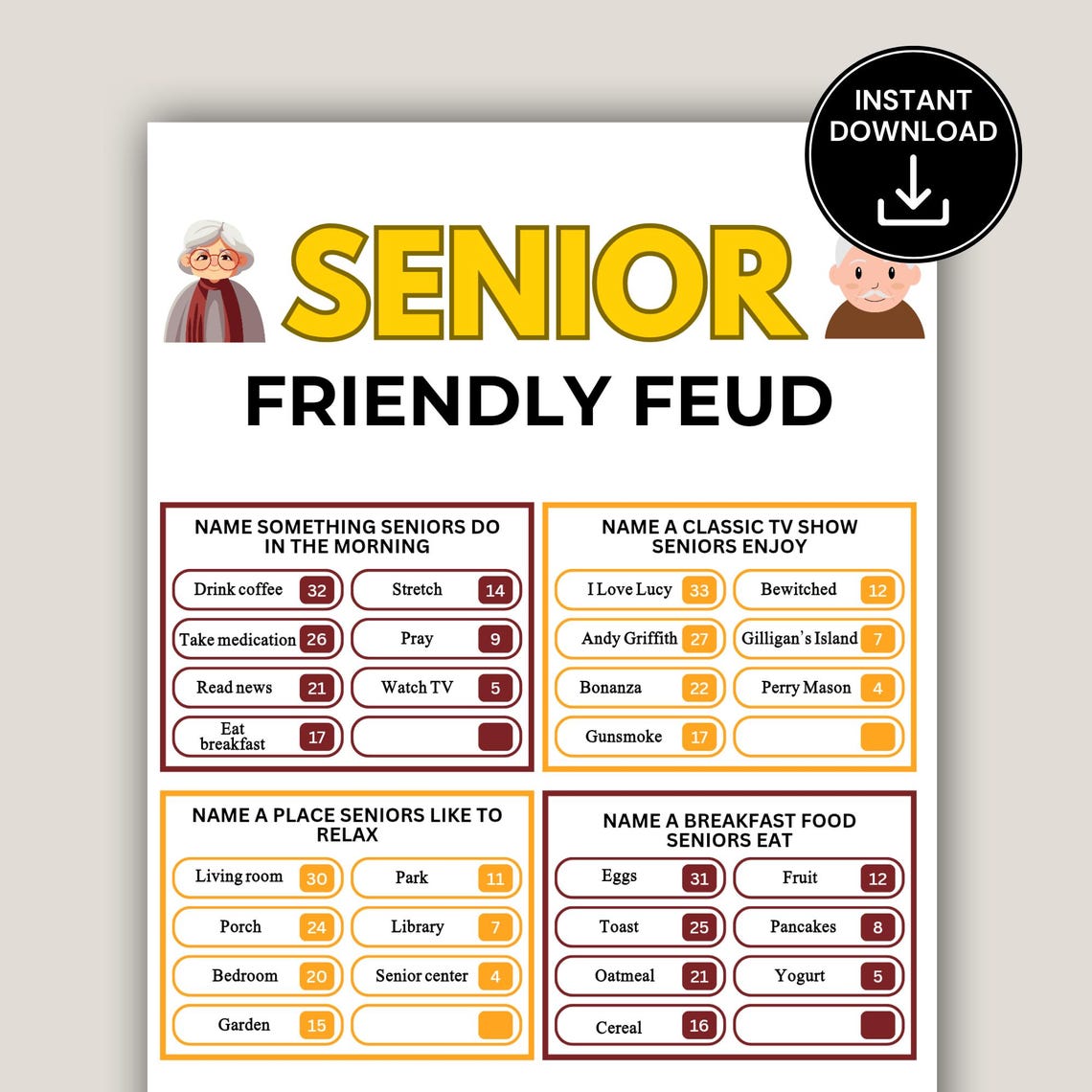 Senior Friendly Feud Game, Fun Senior Games for Senior Citizens ...
