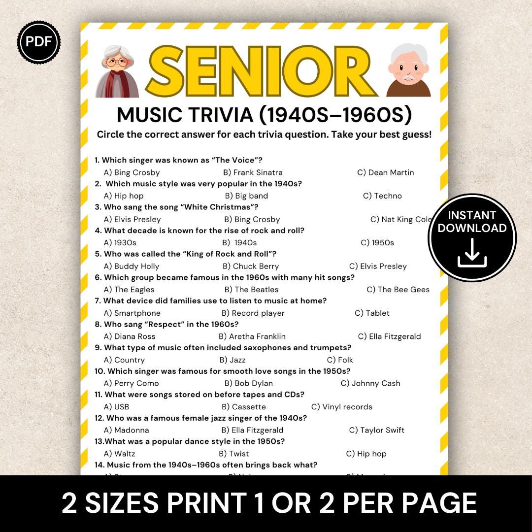 1940s–1960s Music Trivia Game for Seniors, Decades Music Quiz, Senior ...
