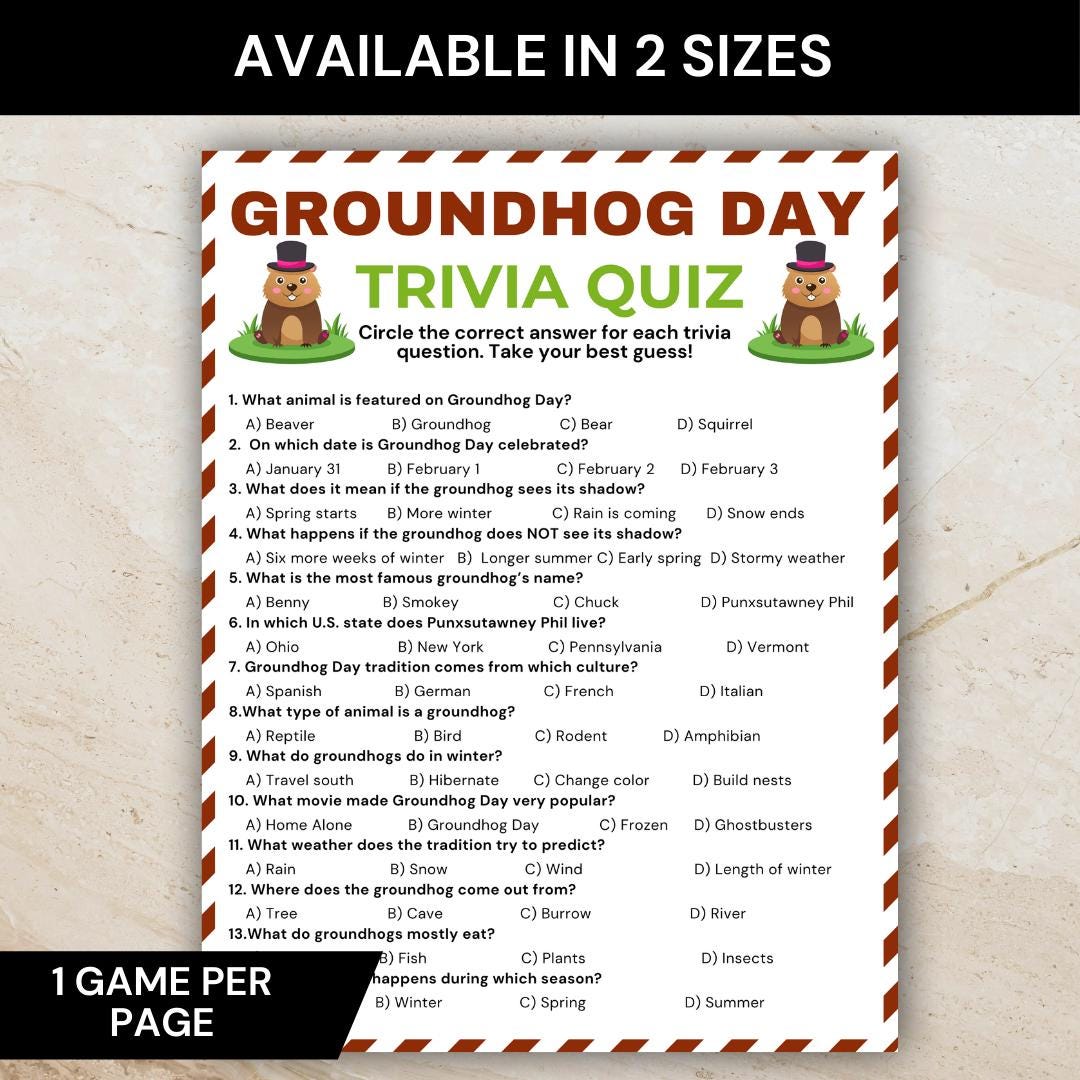 Groundhog Day Trivia Game, Printable Holiday Activity, Family ...
