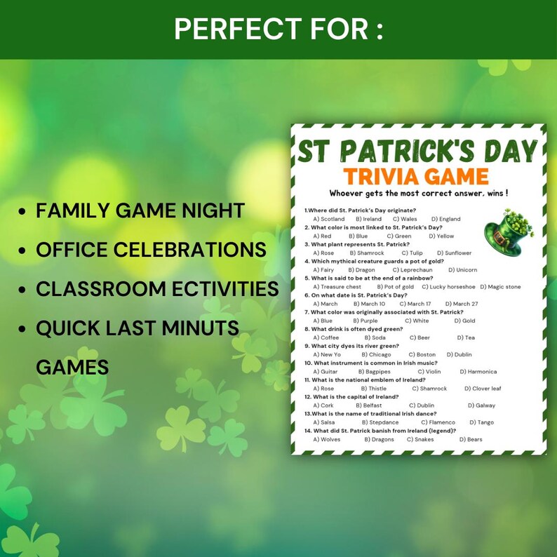 St. Patrick’s Day Trivia Game, Quiz Printable, St Patricks Day Party ...