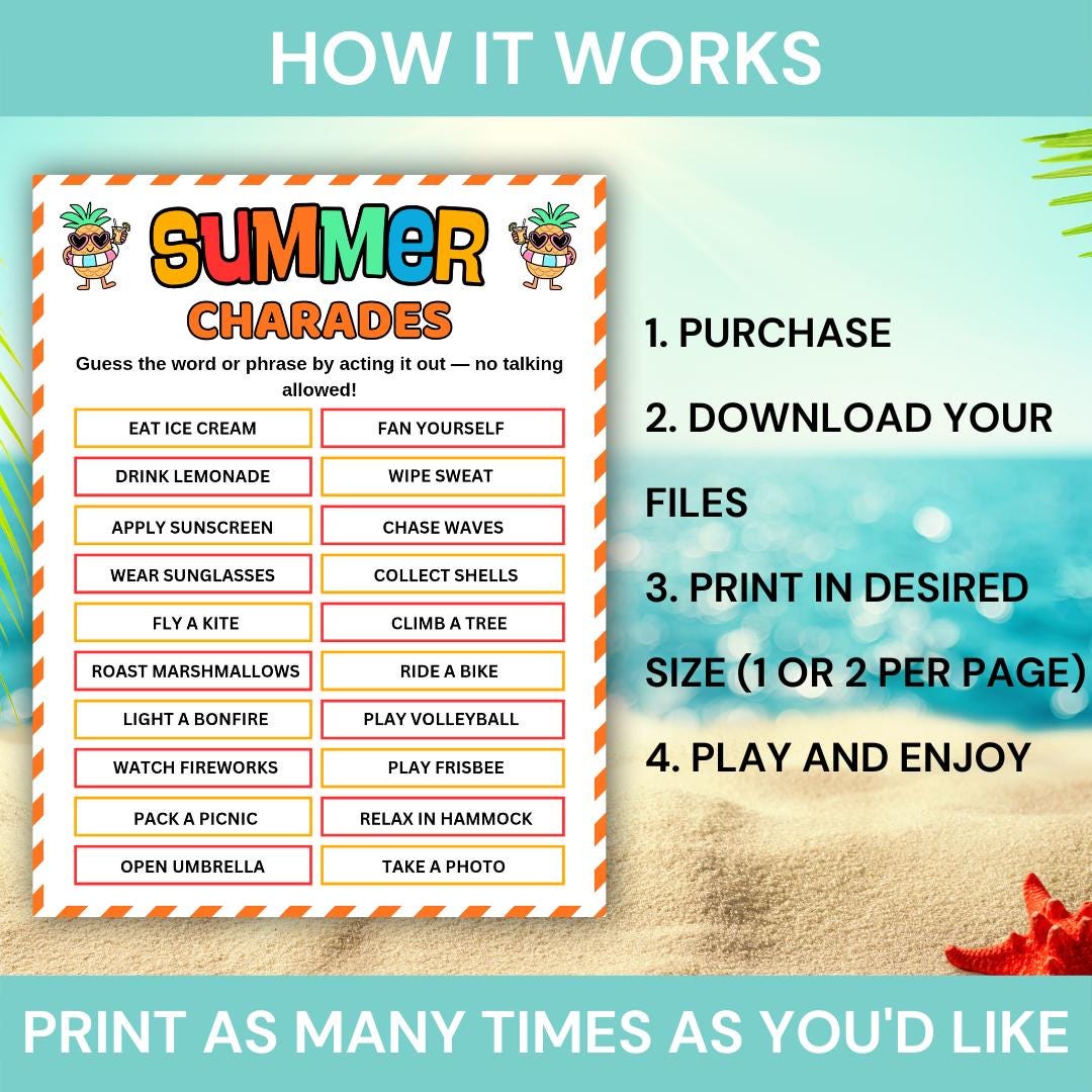 Summer Charades Game, Printable Summer Party Game, Summer Charades ...