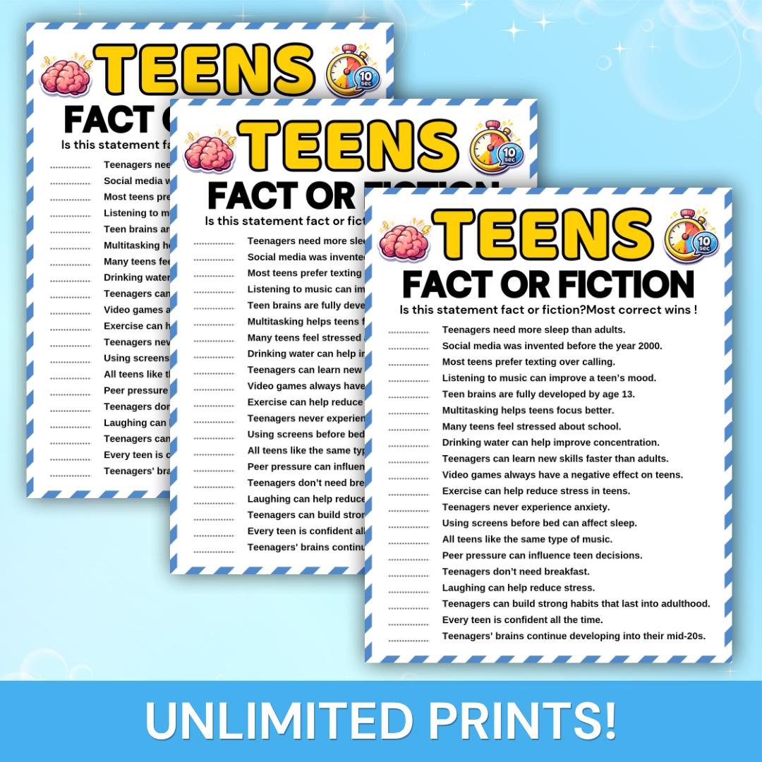 Teens Fact or Fiction Game Printable, Teen Trivia Quiz, Classroom ...