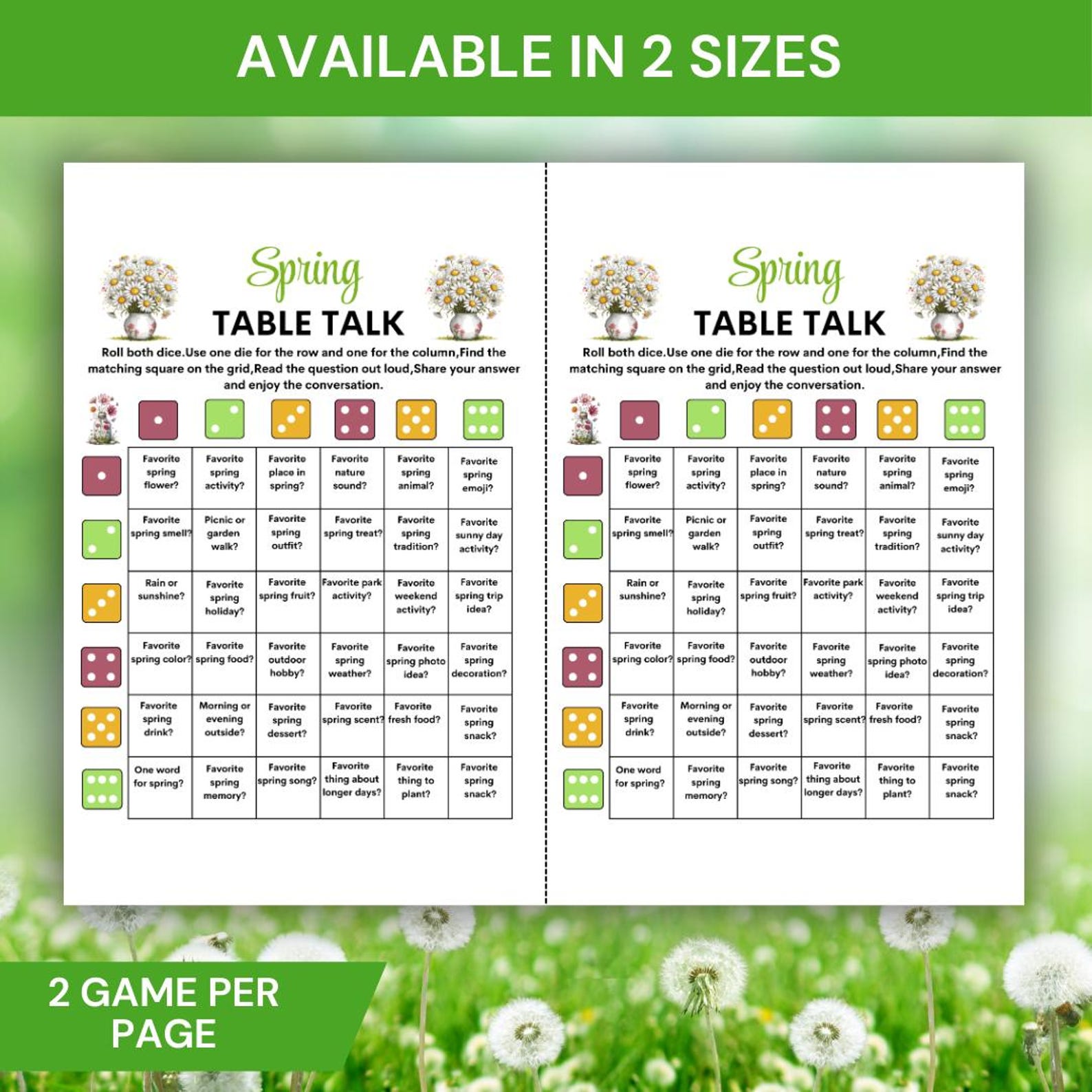 Spring Table Talk Dice Game, Spring Conversation Starter Game, Spring ...