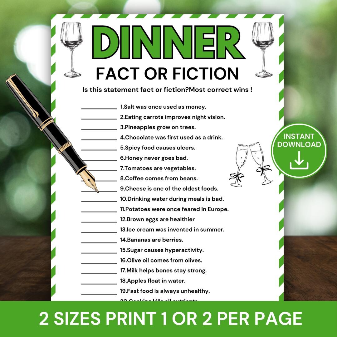 Dinner Fact or Fiction Game Printable, Fun Dinner Party Trivia Game ...
