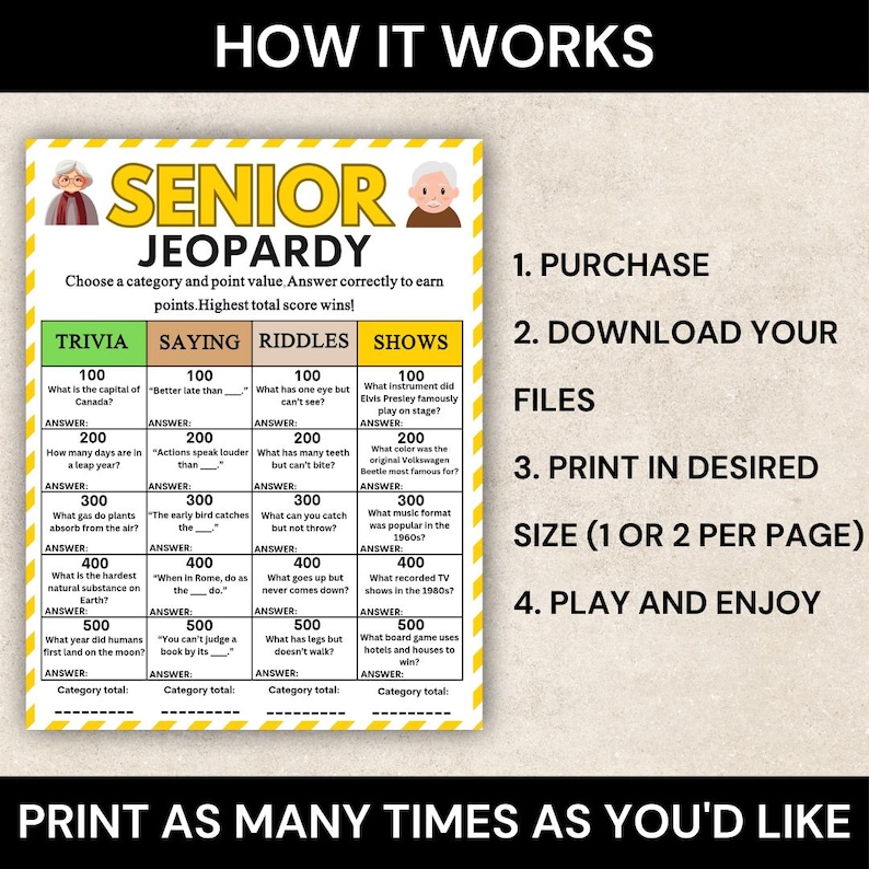 Senior Jeopardy Game Printable, Fun Trivia Game for Seniors Group ...